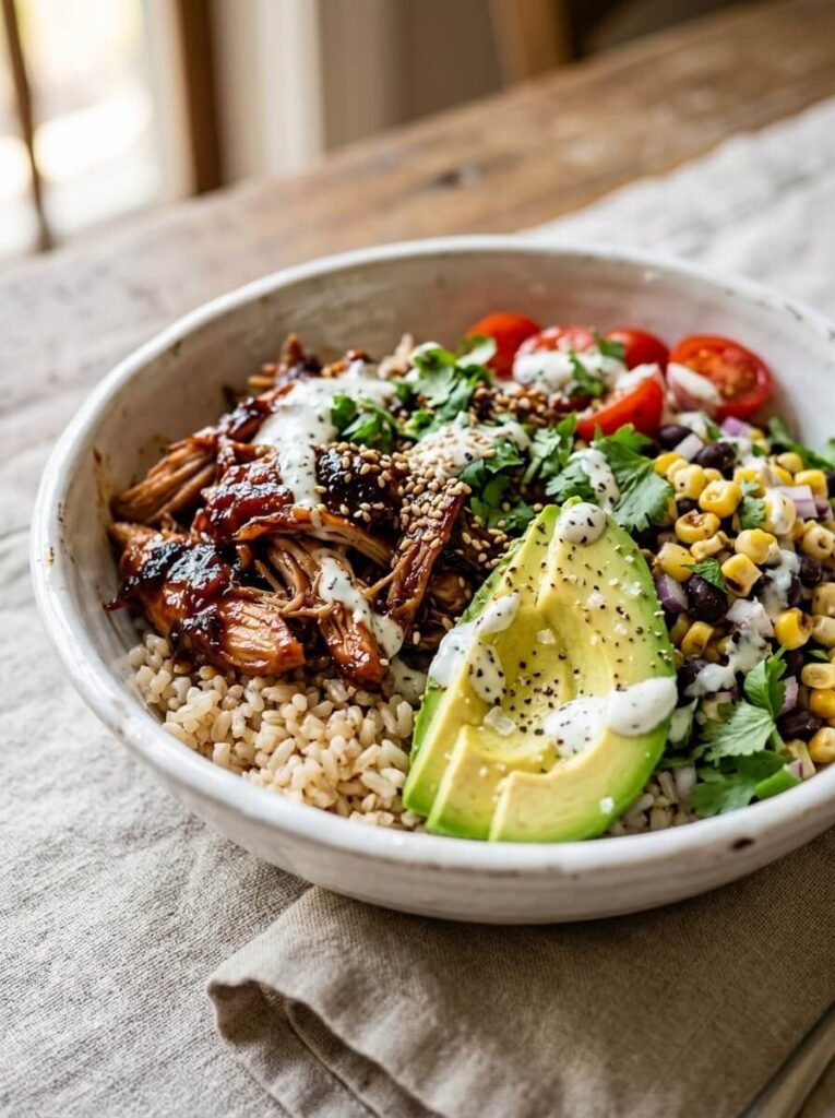 Sticky BBQ Chicken Rice Bowl with Fresh Veggies and Creamy Drizzle ...